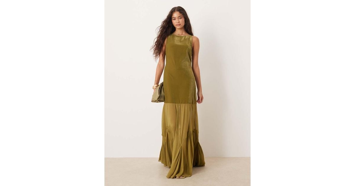 ASOS Drop Waist Velvet Maxi Dress With Sheer Godet Skirt in Green | Lyst UK