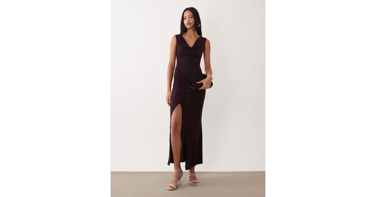 ASOS Cowl Neck Midi Dress With Ruched Skirt Detailing in Purple | Lyst