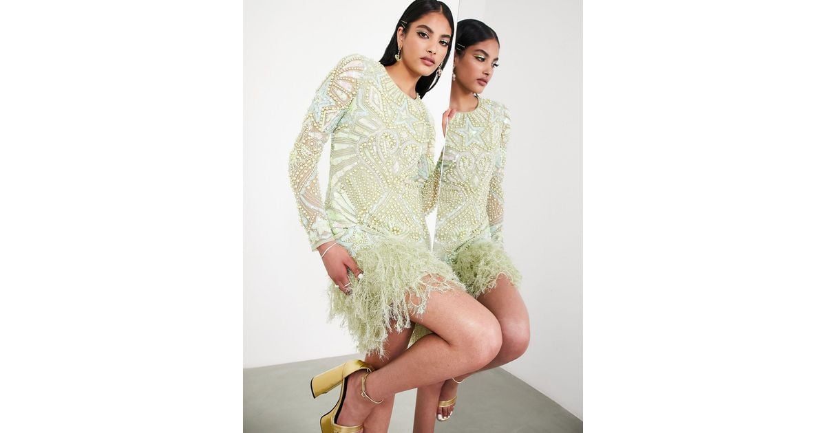 ASOS Pearl & Sequin Star Faux Feather Hem Mini Dress in Green | Lyst