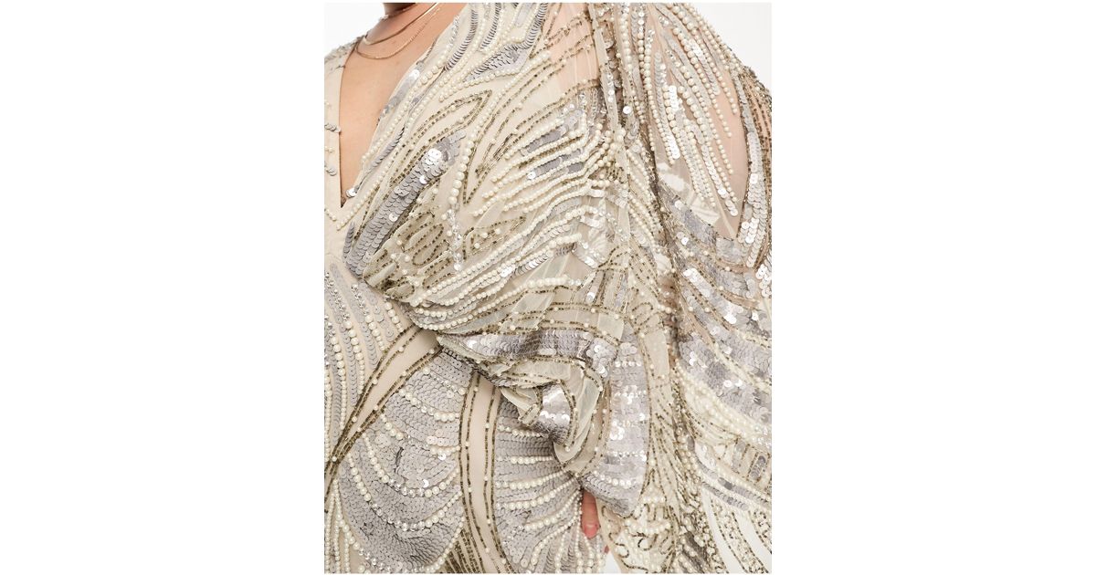 ASOS Curve Kimono Sleeve Midi Dress With Sequin & Pearl Embellishment in Natural | Lyst