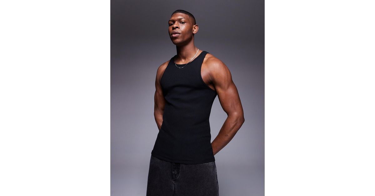 ASOS Heavyweight Muscle Boxy High Neck Rib Vest in Blue for Men | Lyst