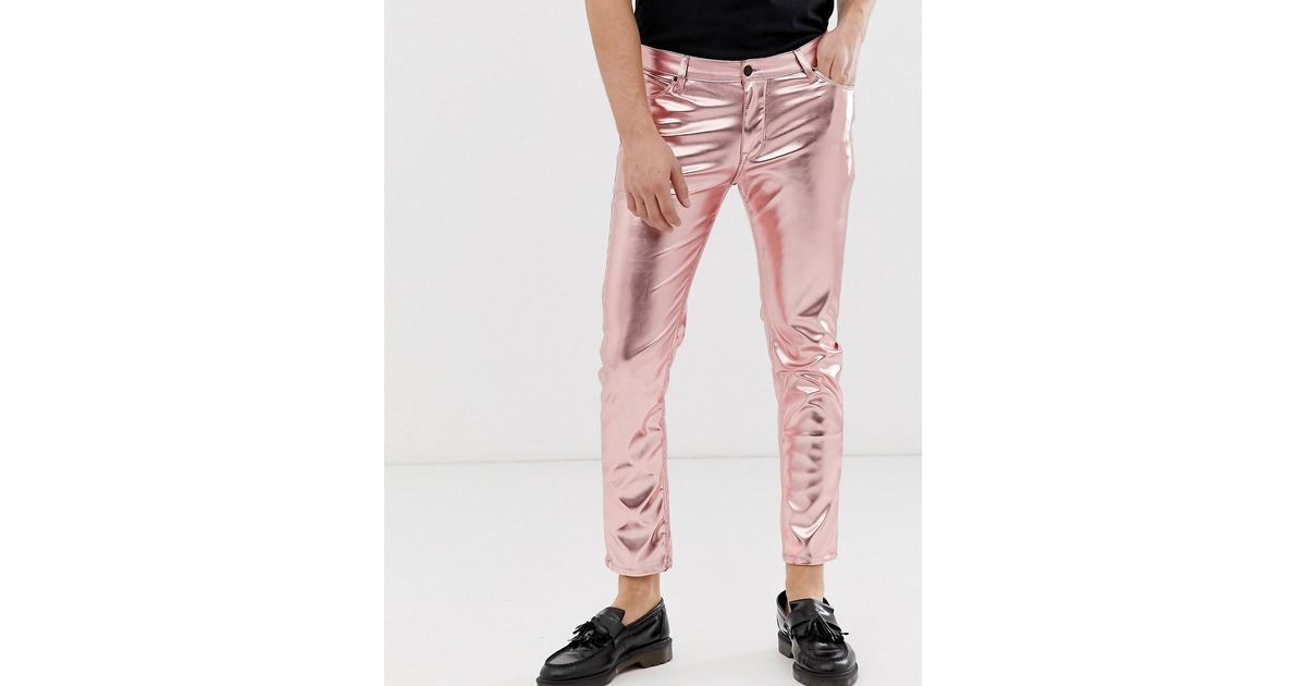 ASOS Skinny Coated Leather Look Jeans In Metallic Pink for Men | Lyst