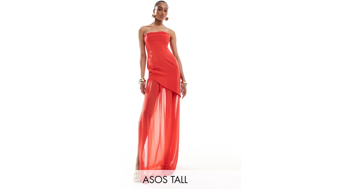ASOS Tall Structu Bandeau Maxi Dress With Chiffon Thigh Split Skirt in ...