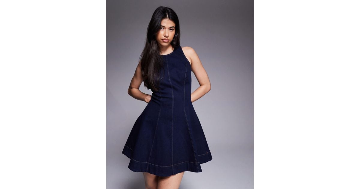 Bardot Palmer Denim Racer Neck Seam Detail Fit And Flare Full Skirt ...