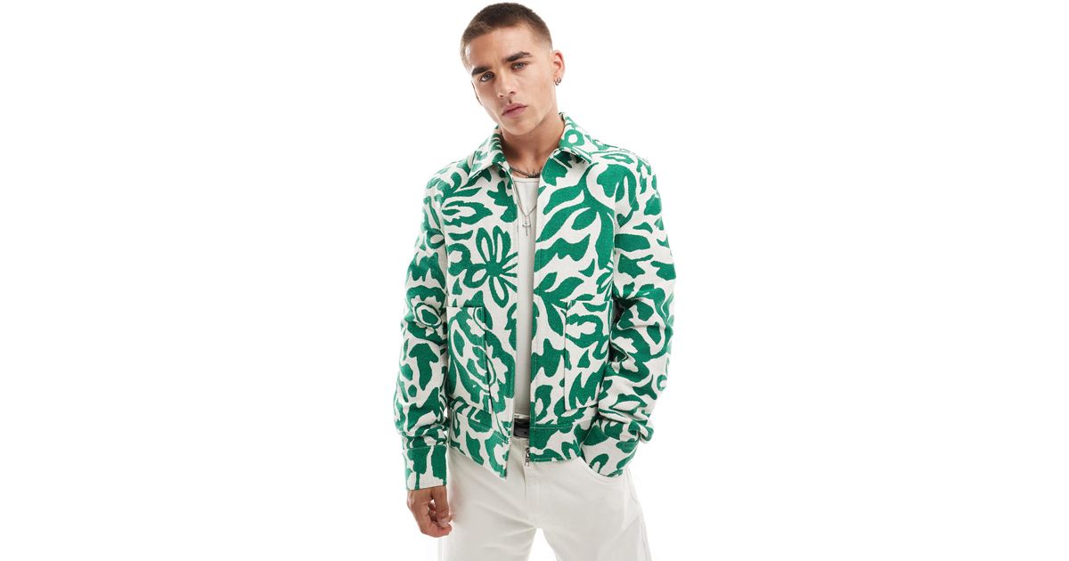 ASOS Floral Jacquard Harrington Jacket in Green for Men | Lyst