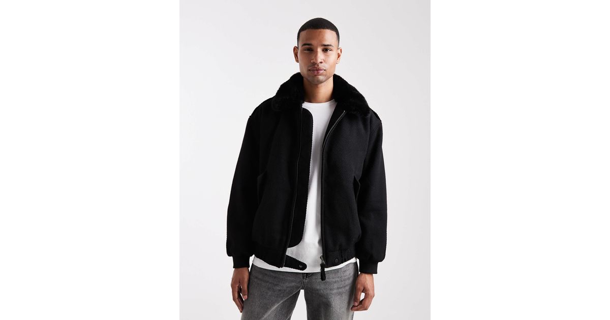 ASOS Wool Look Bomber Jacket With Faux Fur Collar in Black for Men | Lyst