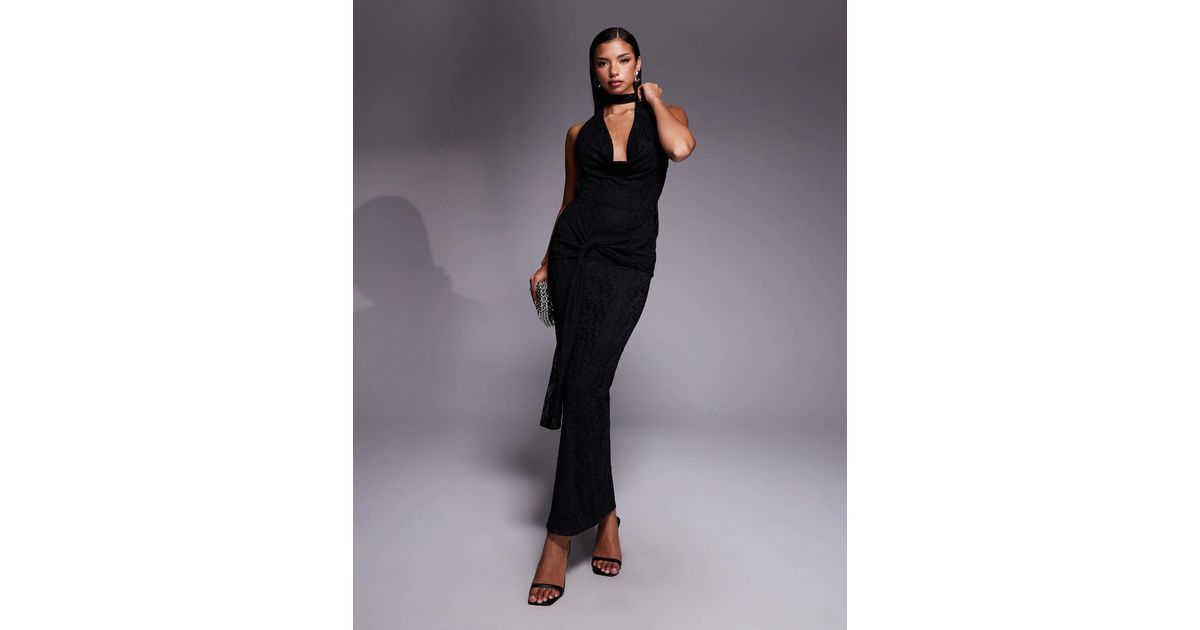 Kaiia Exclusive Lace Deep Cowl Neck Open Tie Back Drape Waist Detail ...