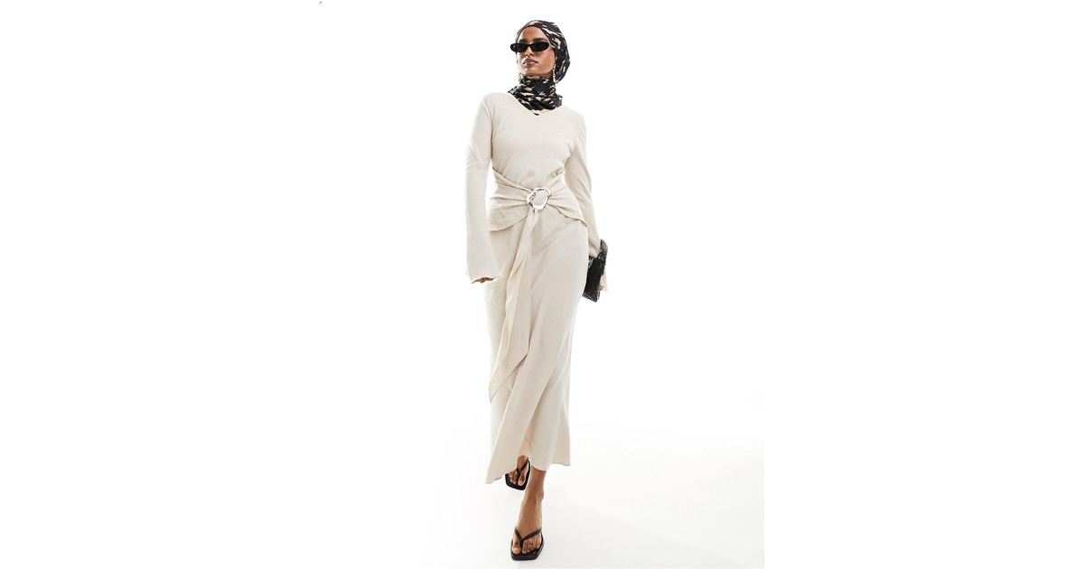 DASKA Long Sleeve Maxi Dress With Fluted Hem And Belt Detail in White ...