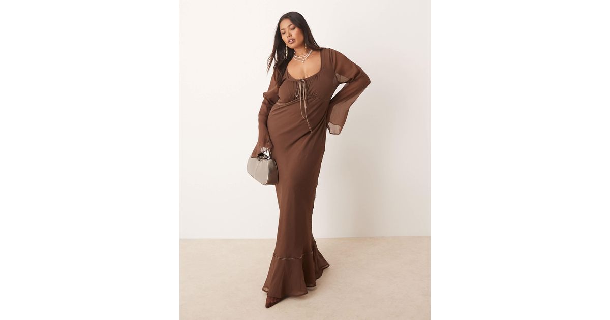 ASOS Asos Design Curve Ruched Bust Long Sleeve Maxi Dress in Brown | Lyst