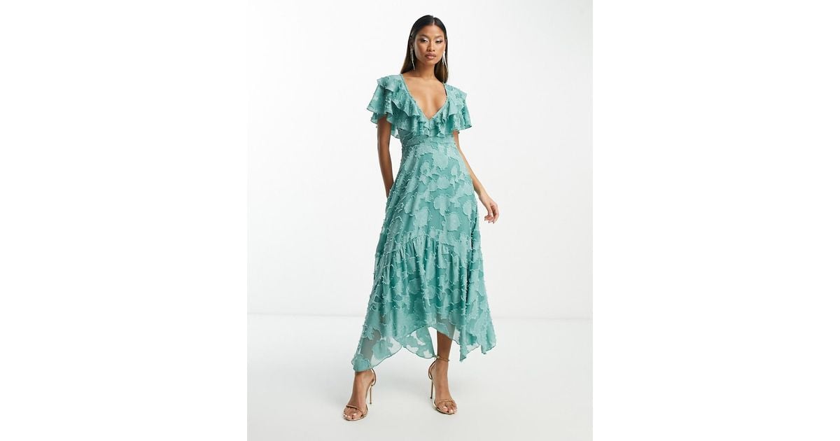 ASOS V-front V-back Ruffle Midi Dress With Flutter Sleeves And Tie Back ...