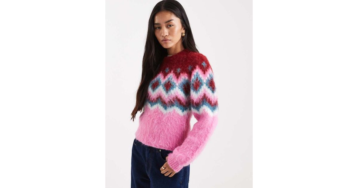 ASOS Power Shoulder Fairisle Brushed Jumper in Pink | Lyst UK