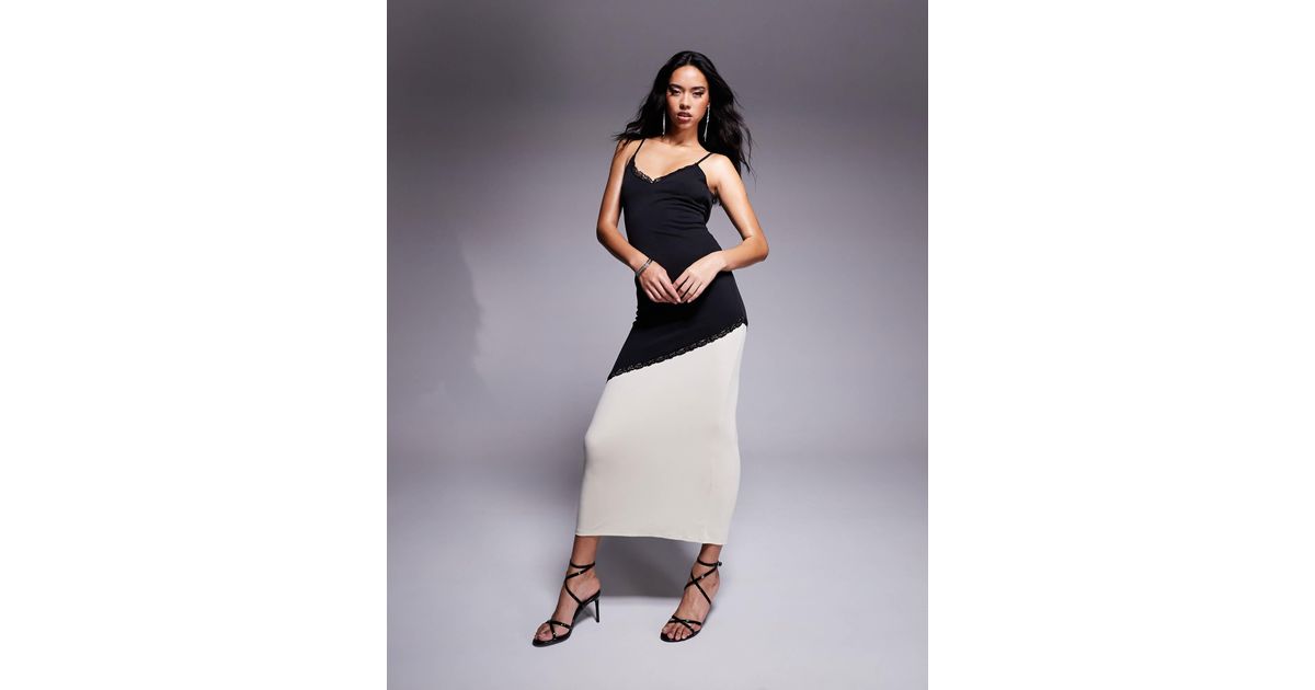 ASOS Colour Block Maxi Slip Dress With Lace Trim Details in Blue | Lyst