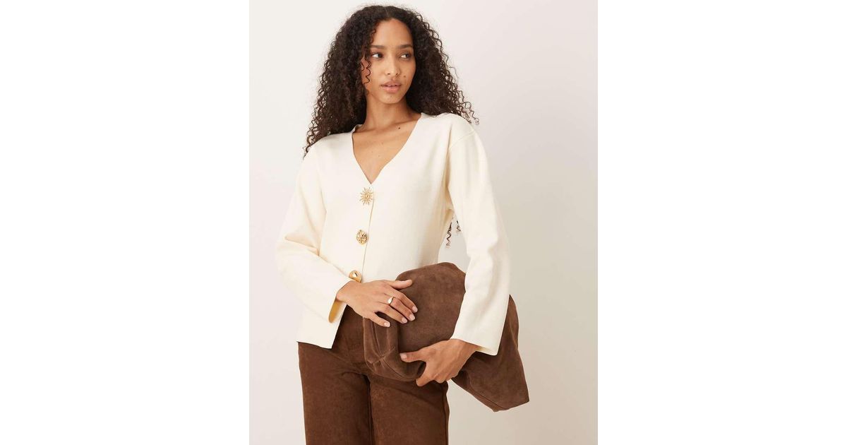 Mango Compact Knitted Cardigan With Statement Gold Buttons in Natural ...
