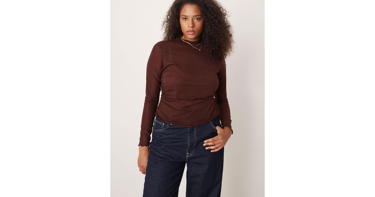 ASOS Asos Design Curve High Neck Mesh Semi Sheer Long Sleeve Top in Red ...