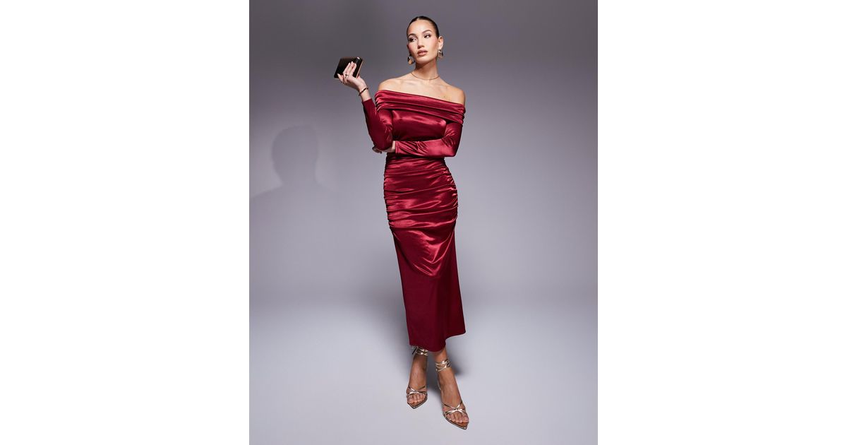 True Violet Bardot Long Sleeve Ruched Satin Midi Dress in Red | Lyst