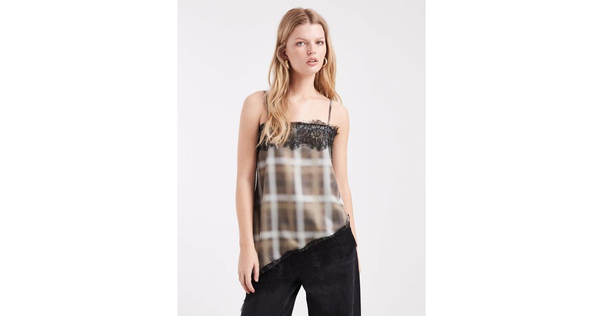 ASOS Satin Lace Trim Asym Cami Top in Natural | Lyst