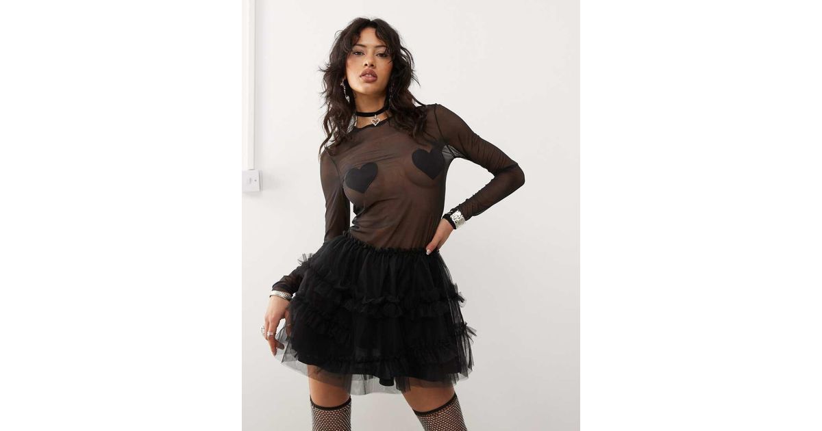 Monki Long Sleeve Heart Detail Mesh Mini Dress With Tulle Skirt in ...