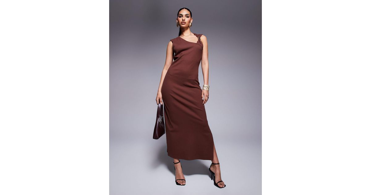 ASOS Rib Knitted Midi Dress With Hardware Detail in Brown | Lyst