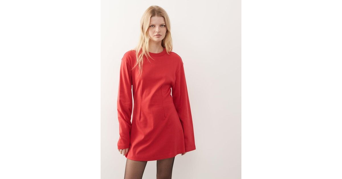 Monki Cinched Waist Long Sleeve Mini Dress in Red | Lyst UK