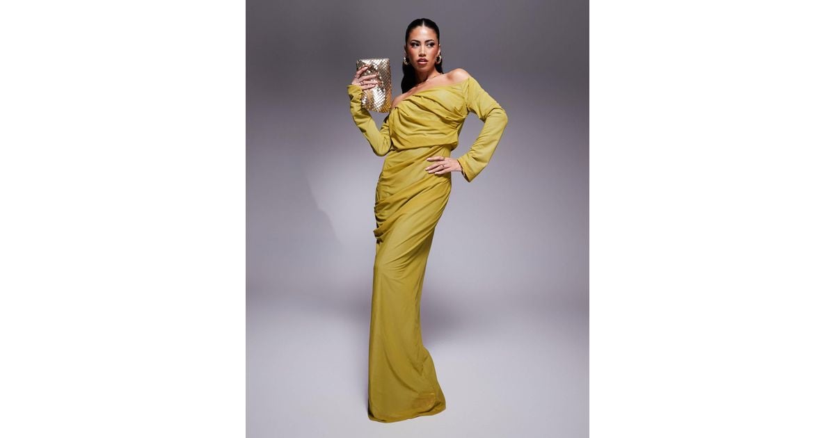 ASOS Stretch Chiffon Long Sleeve Bardot Maxi Dress in Yellow | Lyst