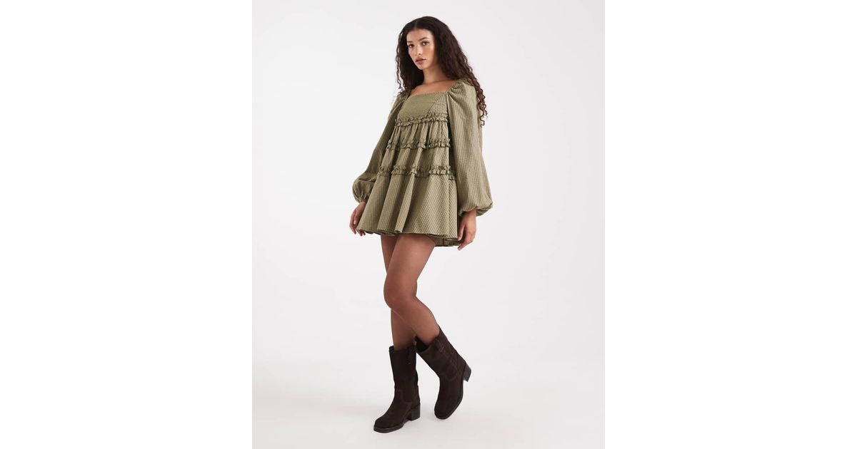 Daisy Street Volume Tiered Long Sleeve Mini Dress in Natural | Lyst UK