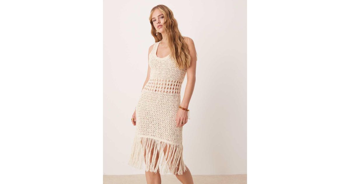 ASOS Knitted Stitch Crochet Mini Dress With Fringe Detail in Natural ...