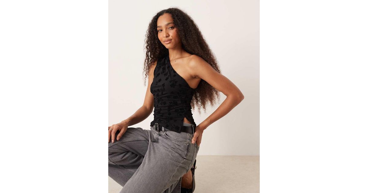 ASOS Flocked Asymmetric Flocked Floral Mesh Top in Black | Lyst UK