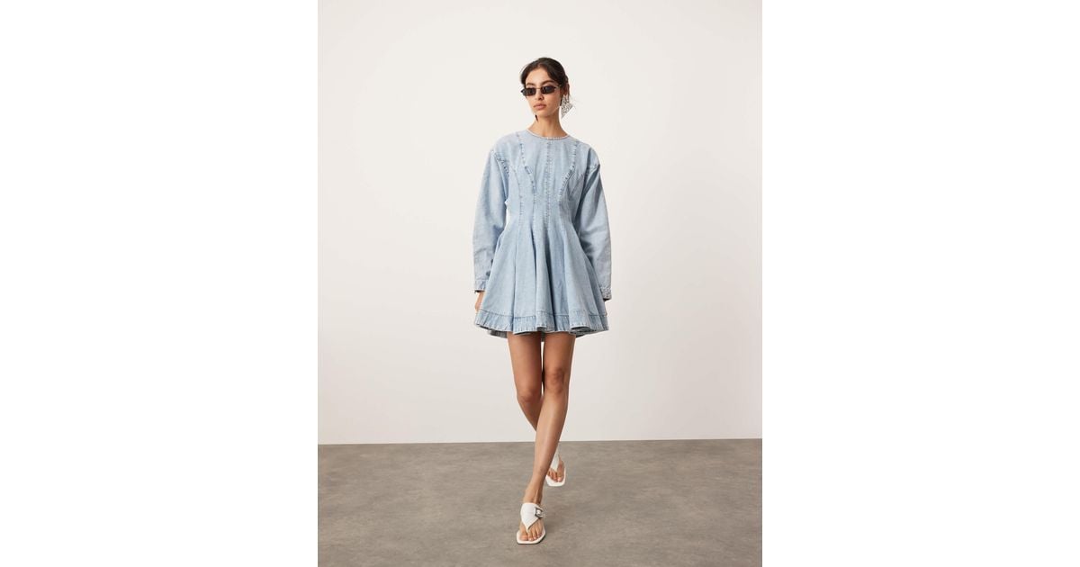 ASOS Denim Long Sleeve Mini Dress With Seam Details in Blue | Lyst