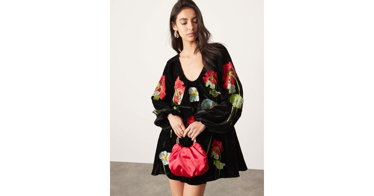 ASOS Velvet Embroidered Floral Plunge Neck Full Mini Dress in Black | Lyst