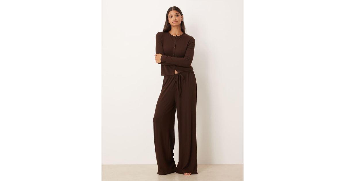 ASOS Mix & Match Lounge Rib Wide Leg Pants in Natural | Lyst UK
