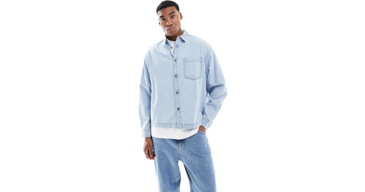 ASOS Boxy Oversized Crop Denim Shirt in Blue for Men | Lyst