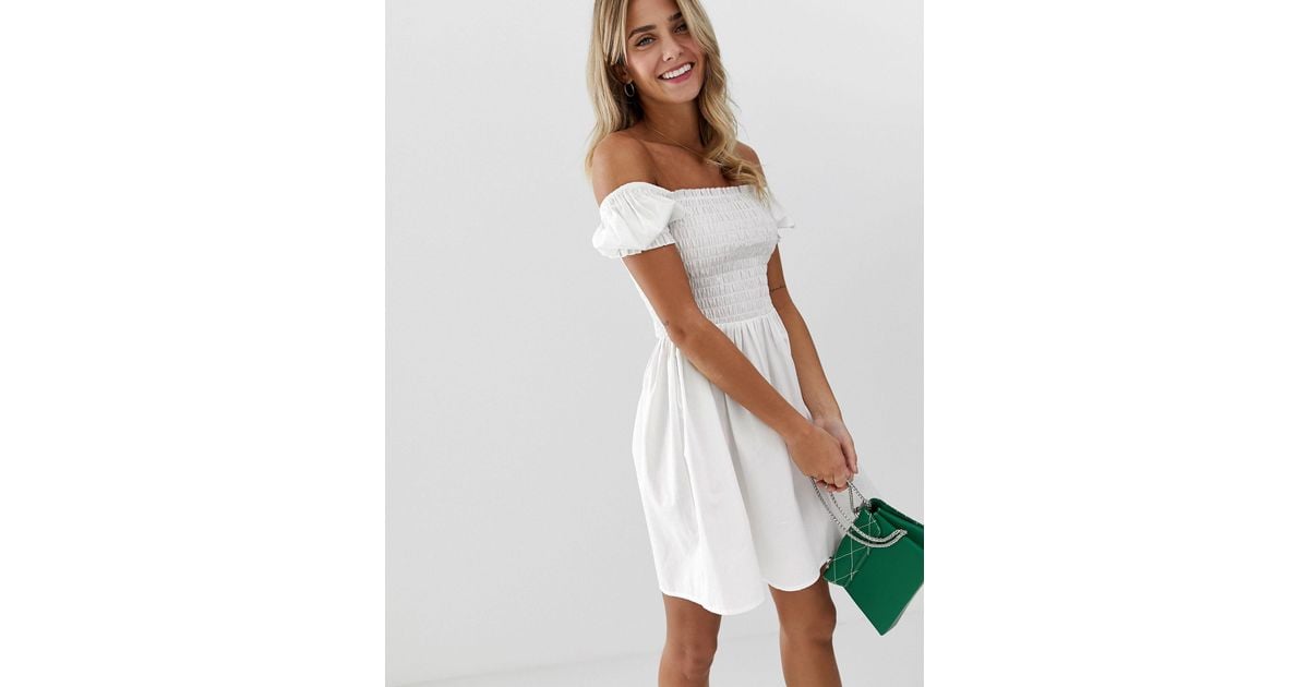 Asos Shirred Bodice Square Neck Cotton Mini Smock Dress In White Lyst