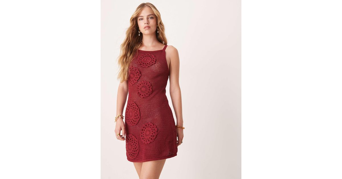 ASOS Knitted Mini Dress With Crochet Applique in Red | Lyst