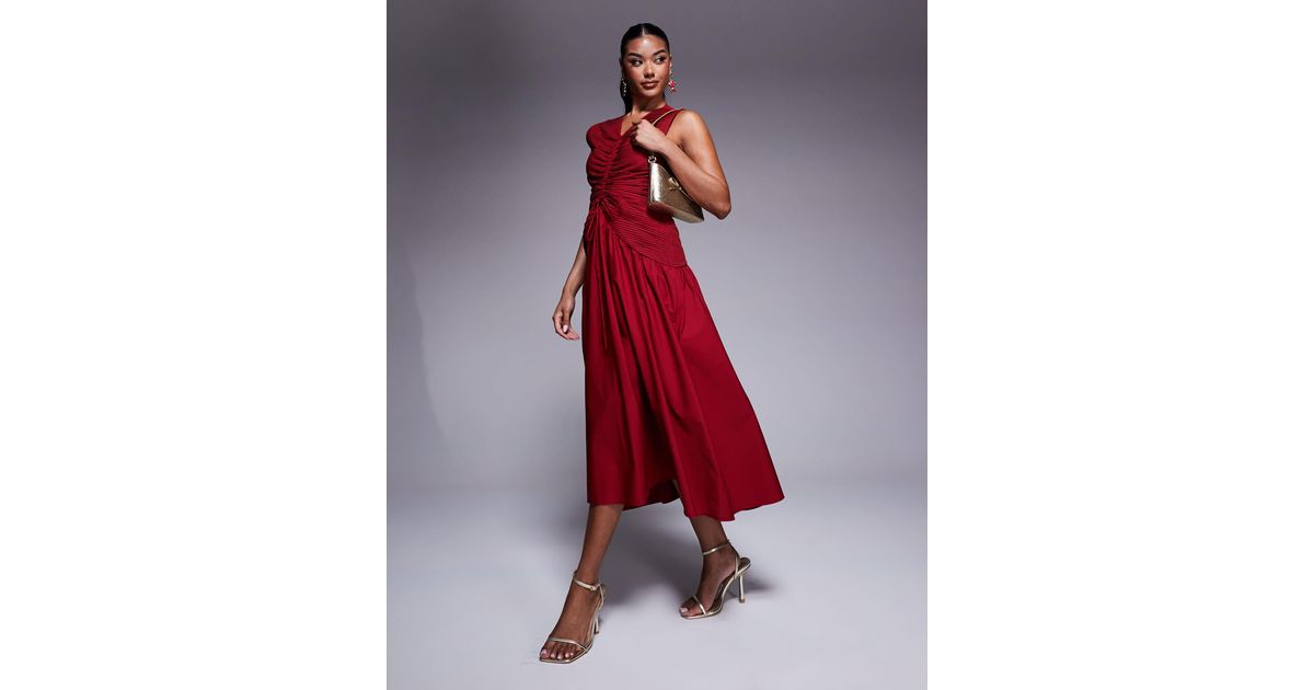 ASOS Midi Dress With Ruched Bodice And Centre Channel Detail in Red | Lyst