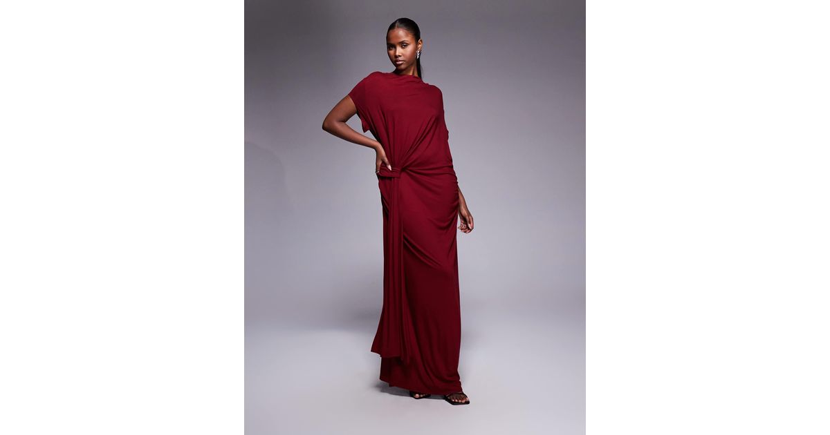ASOS Draped Cap Sleeve Midaxi Dress in Red | Lyst