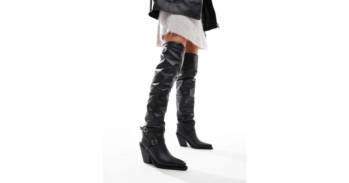 ASOS Kingfisher Leather Ruched Over The Knee Boots With Buckles in ...