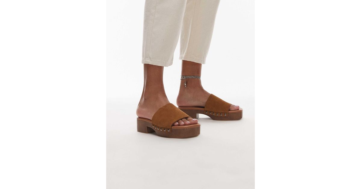 TOPSHOP Hamilton Suede Clog With Studs in Brown | Lyst