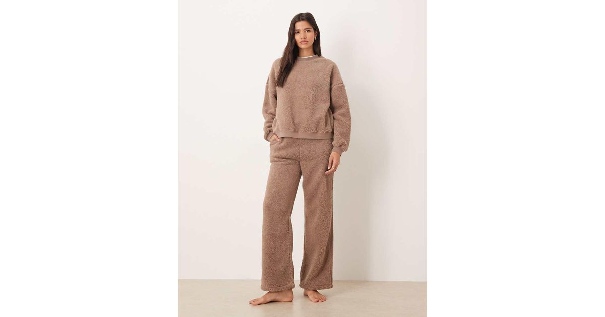 ASOS Lounge Cuddle Crew Neck Sweat & Wide Leg Pants Set in Natural ...