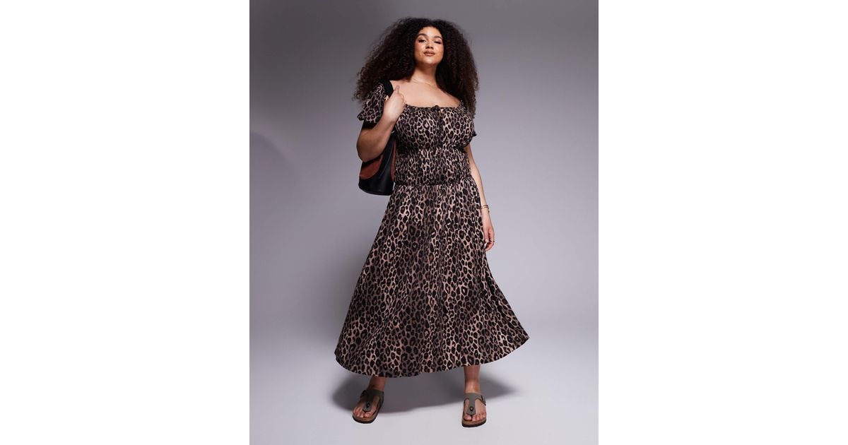 ASOS Asos Design Curve Crinkle Shirred Waist Milkmaid Puff Sleeve Midi Tea Dress in Brown | Lyst