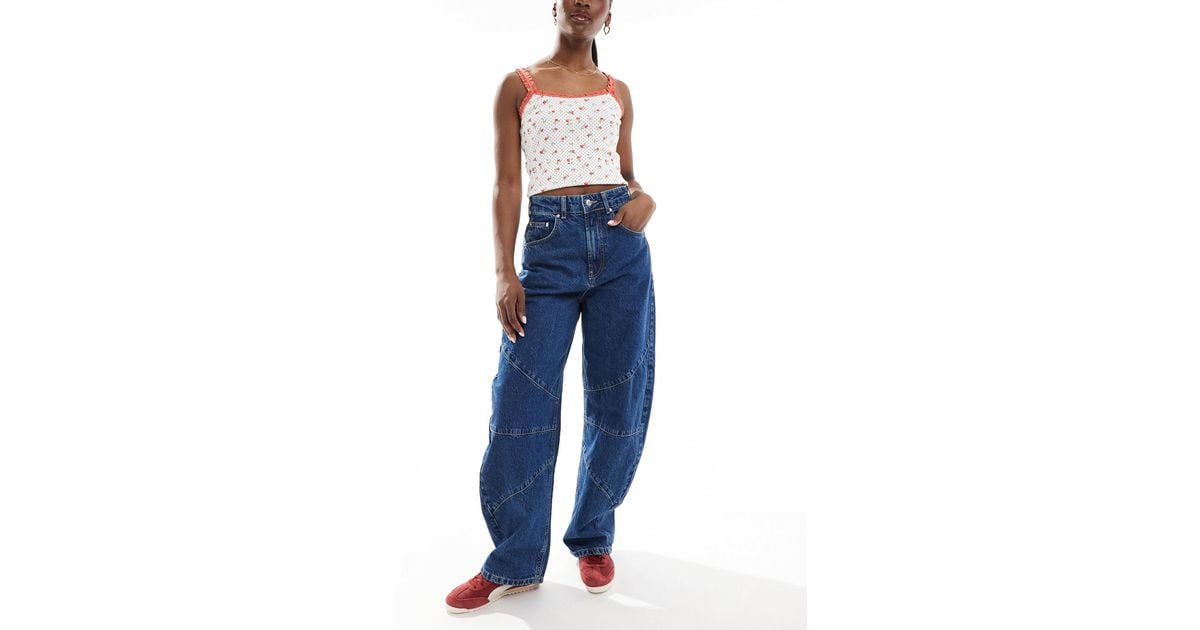 ASOS High Waisted Barrel Leg Jeans With Seam Detail in Blue | Lyst