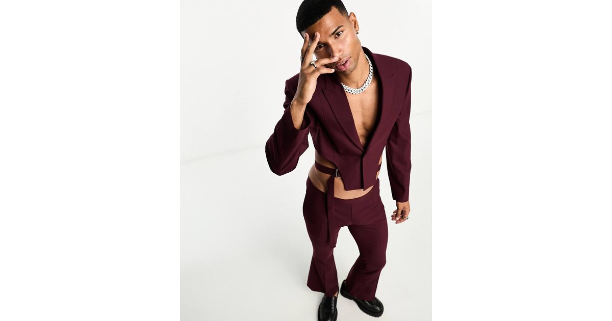 ASOS Skinny V-hem Supercrop Belted Suit Jacket in Red for Men | Lyst