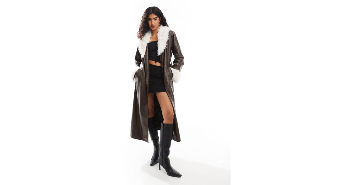 ASOS Faux Fur Collar And Cuff Longline Leather Look Coat in Natural | Lyst