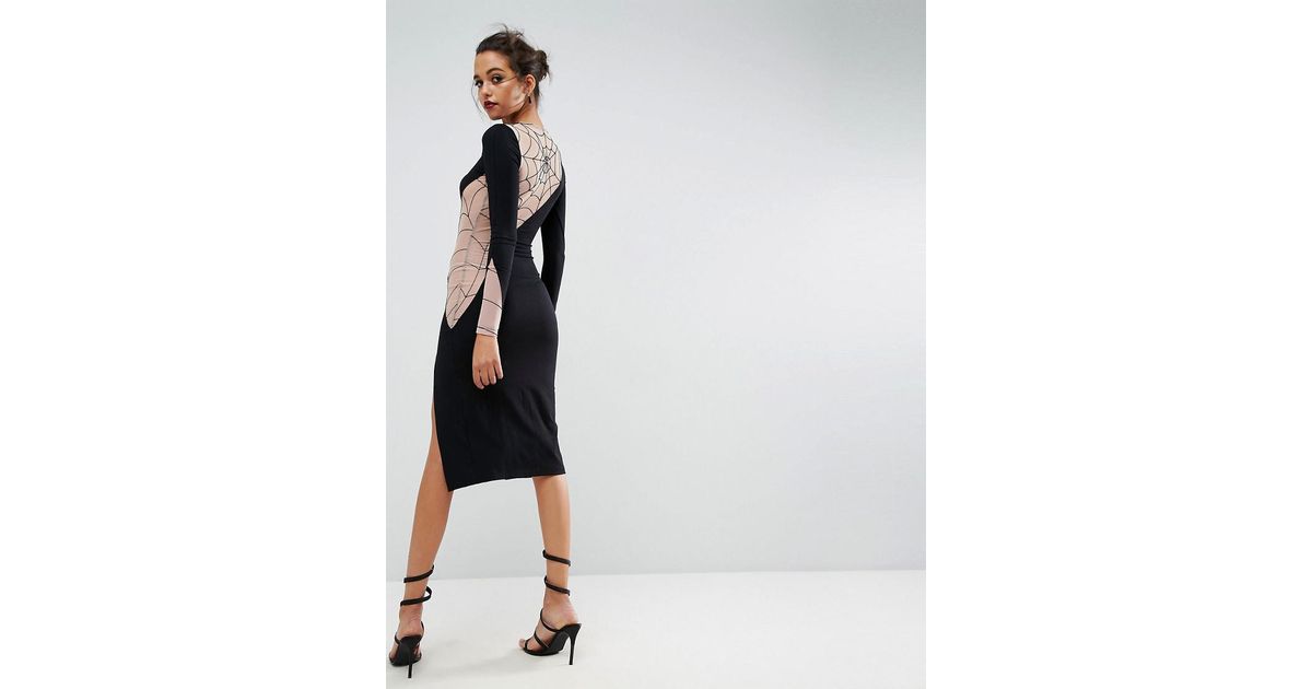 ASOS Halloween Flocked Spider Web Mesh Back Midi Dress in Black | Lyst