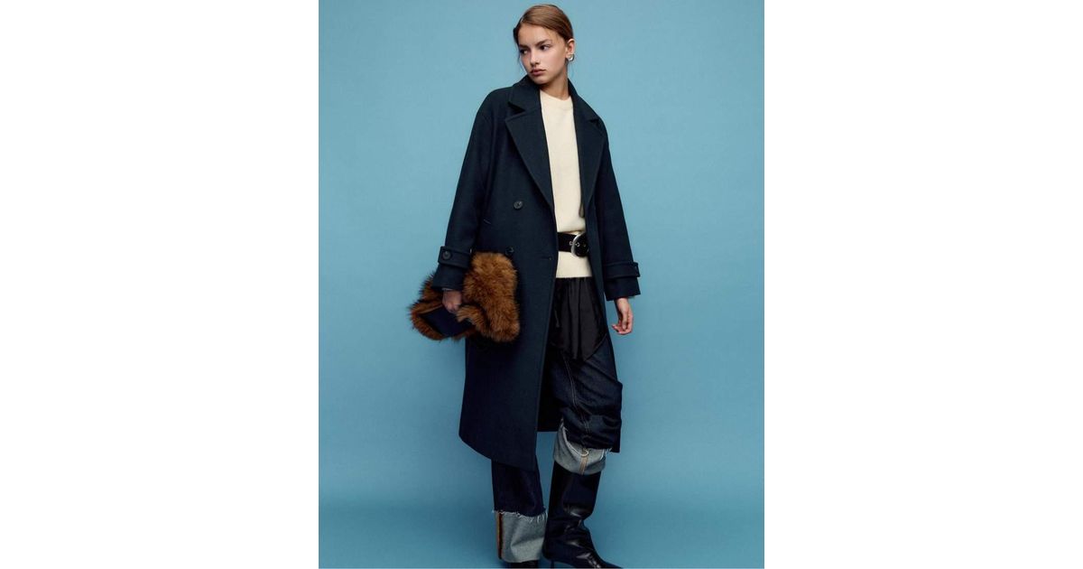 Stradivarius Long Soft-Touch Oversize Coat in Blue | Lyst UK