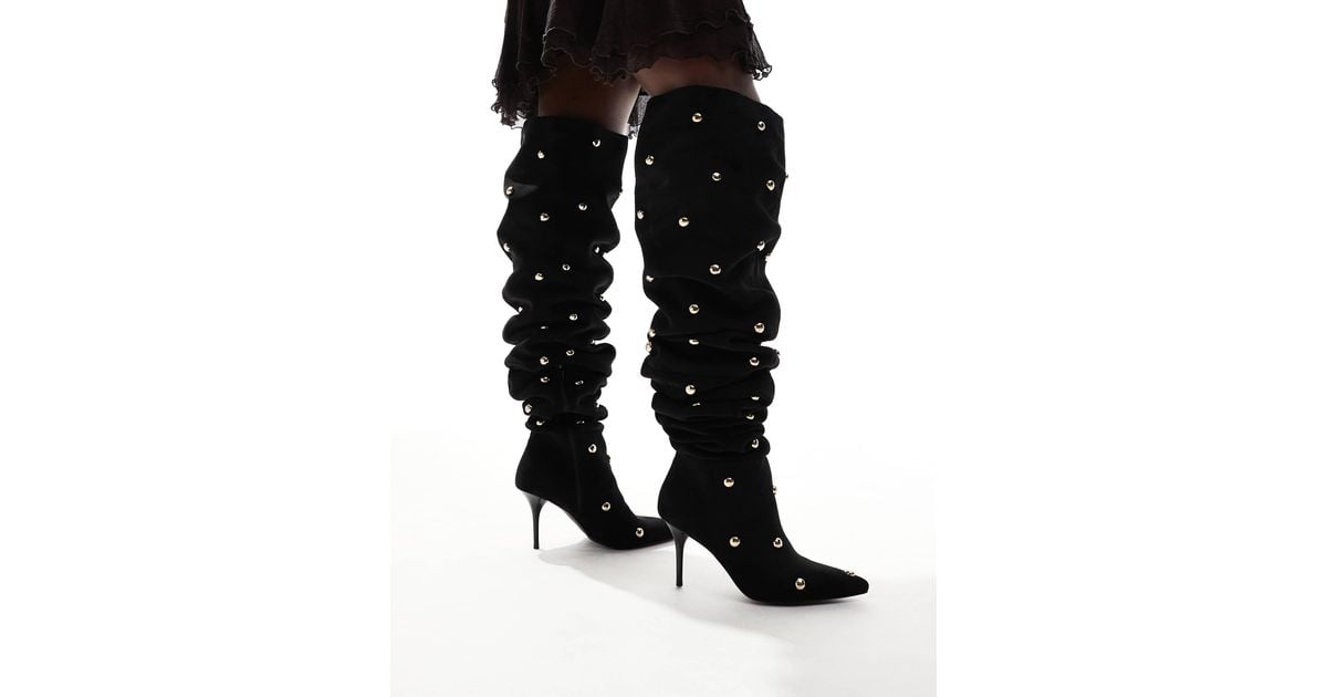 ASOS Karma Studded Heeled Over The Knee Boots in Black | Lyst