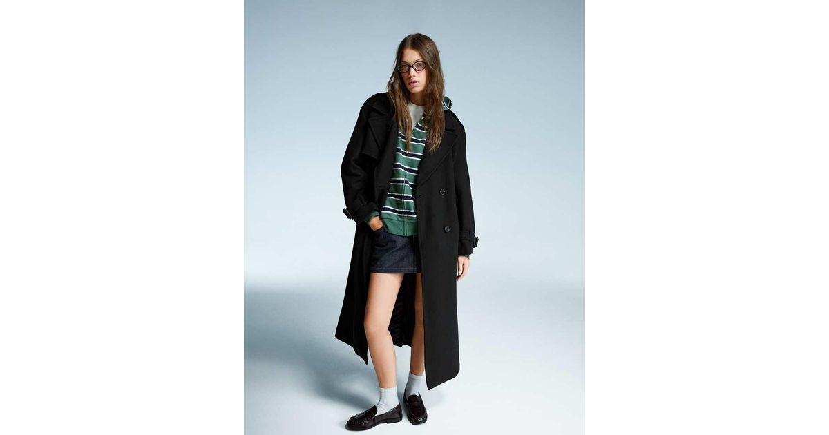 Bershka Oversize Felt Texture Trench Coat in Black | Lyst UK