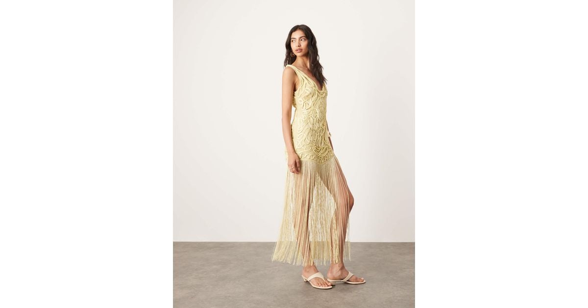 ASOS Embroidered Satin Cornelli Maxi Dress With Fringe Detail in Natural | Lyst