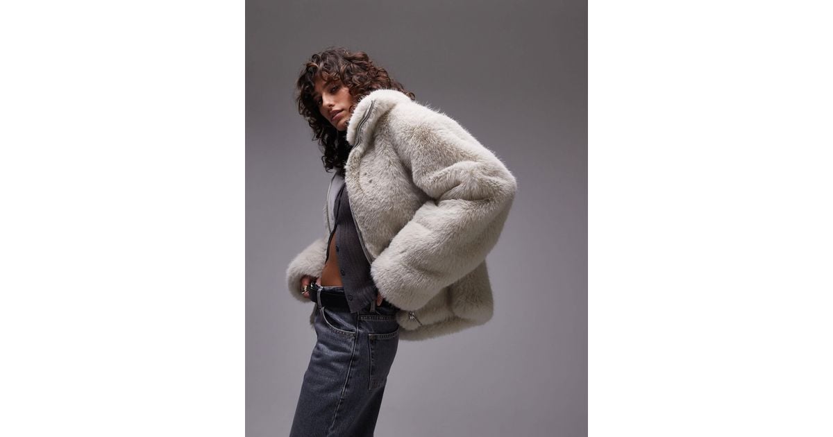 TOPSHOP Faux Fur Zip Through Short Coat With Funnel Neck in White | Lyst
