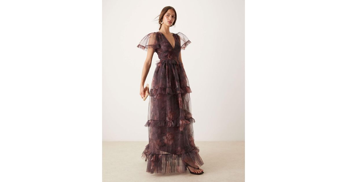 LACE & BEADS Sheer Sleeve Ruffle Maxi Dress With Sheer Skirt in Brown ...