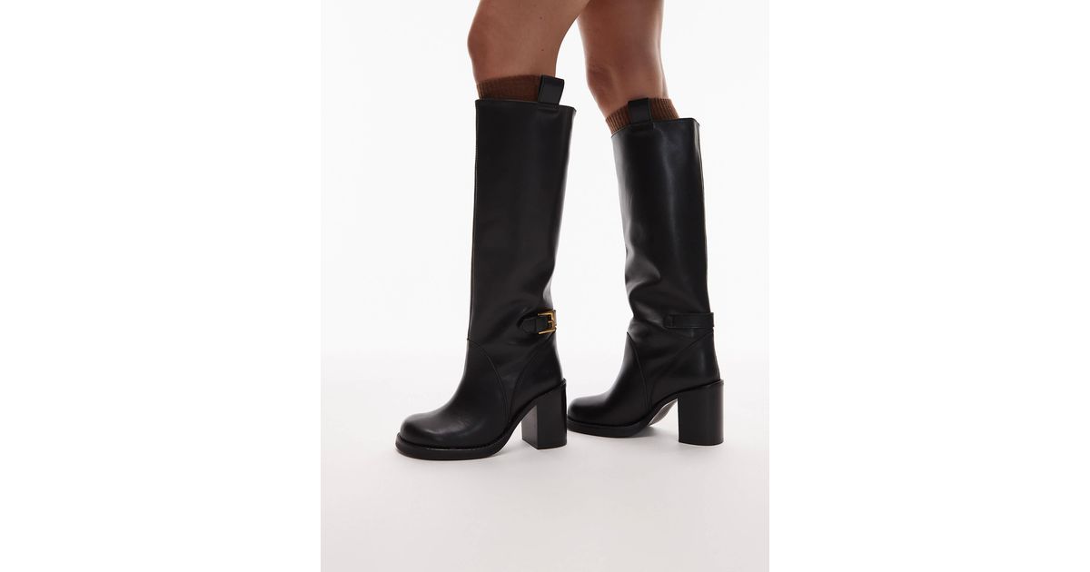 ASOS Casper Premium Leather Round Toe Knee Boots in Blue | Lyst